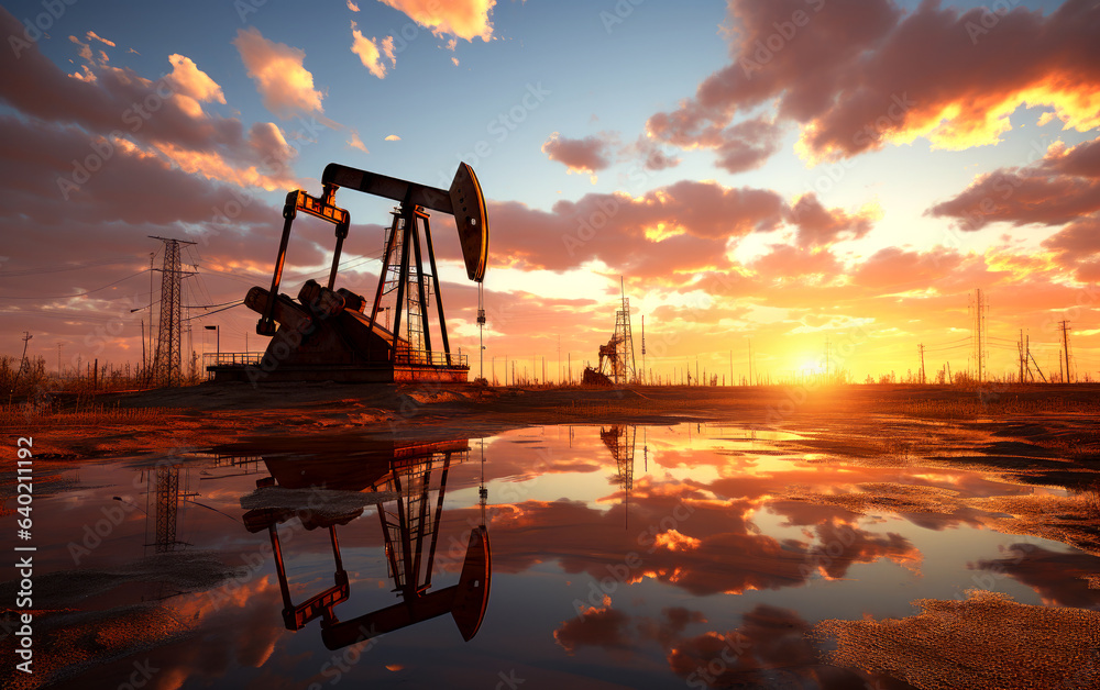Oil pump oil rig energy industrial machine for petroleum in the sunset ...