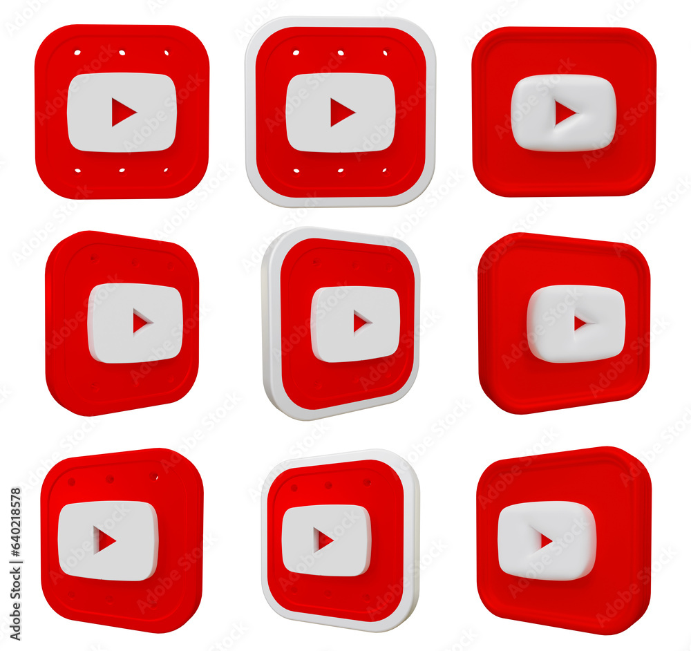 Set of youtube icons in 3d rendering isolated on transparent background ...