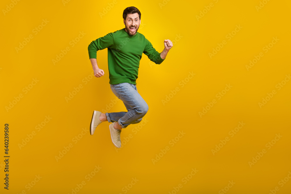 Full body size photo of running crazy young man hurry marathon race ...