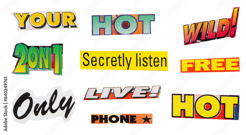 Cutout magazine vintage text, labels, price, offer, words, stickers ...