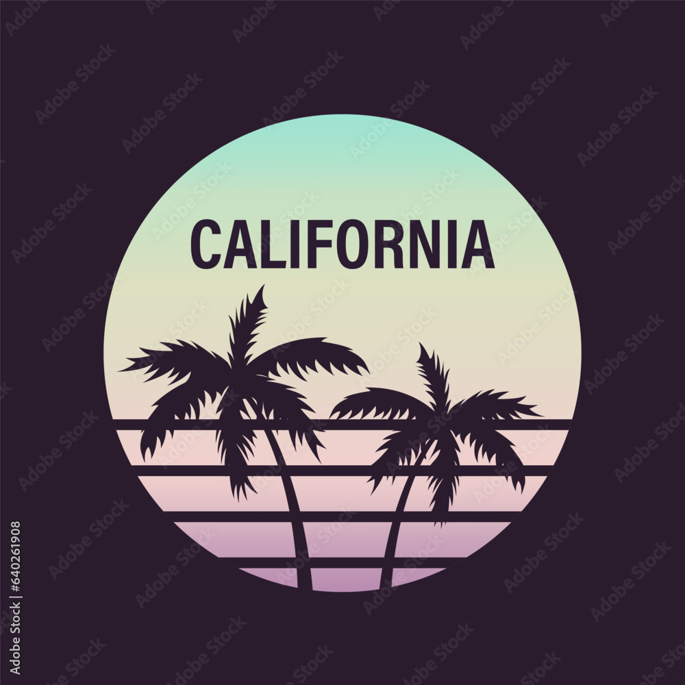 Vektor California colorful sunset retro vintage poster palm tree palm ...