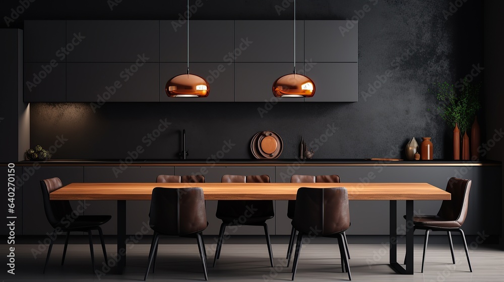 large kitchen room with modern interior design with wood table and ...