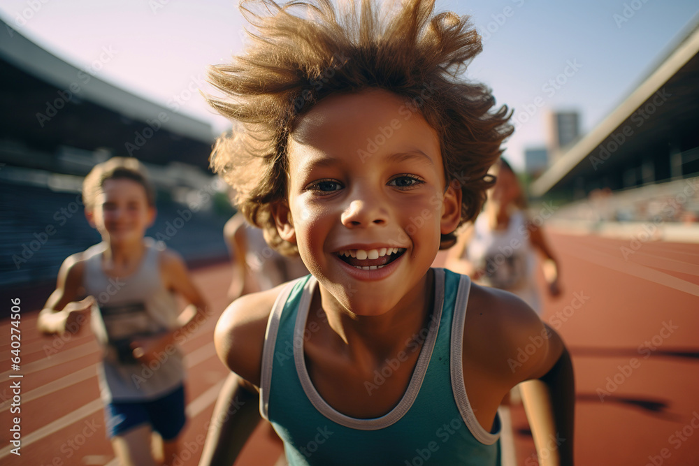 Child reaching the finish line in a competition with another kids in an ...