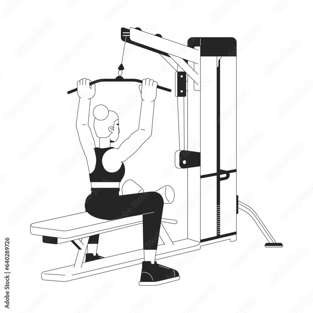 Woman grasping bar on lat pulldown machine flat line black white vector ...