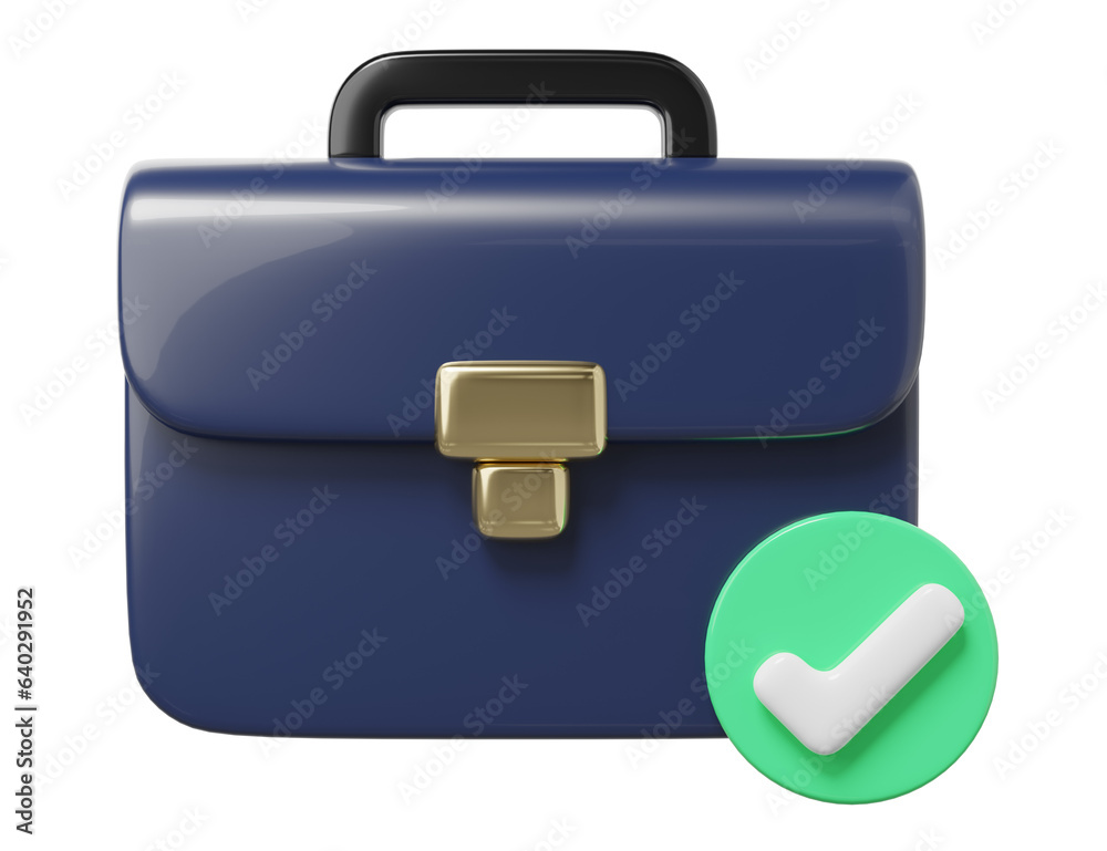 3D Black briefcase with golden lock, check mark floating isolated on ...
