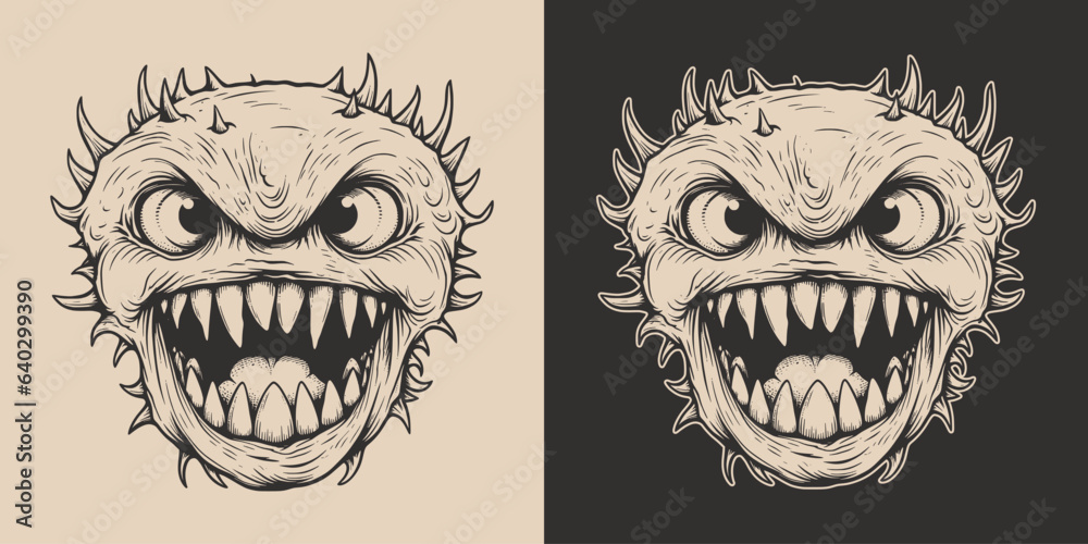 Vintage retro Halloween monster beast spooky scary horror element ...