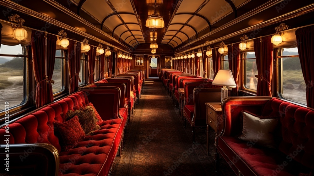 Train Carrier, A luxurious train cabin with polished wood and velvet ...