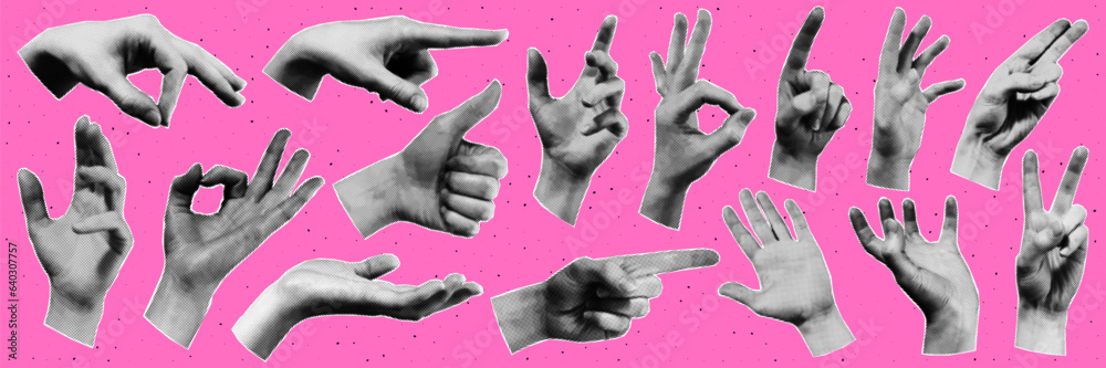 A big set of hands. Trendy halftone style for collages. Modern vector ...