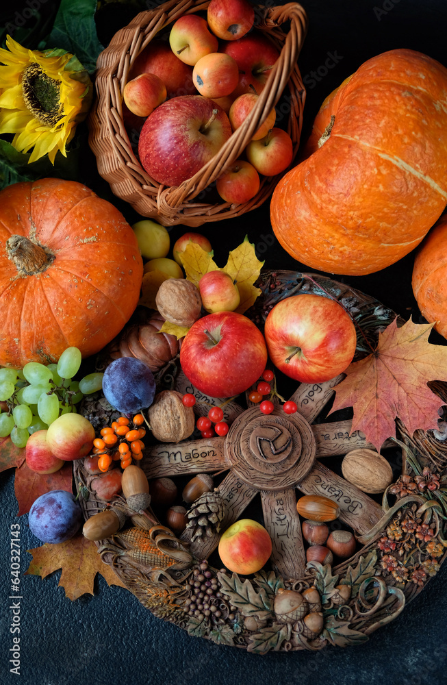 Wiccan altar for Mabon sabbat. wheel of the year with fruits, pumpkins ...