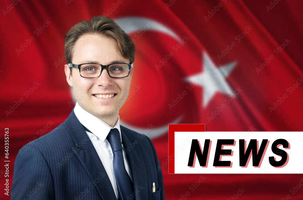 News anchor, tells the latest news, smiling, against the background of ...