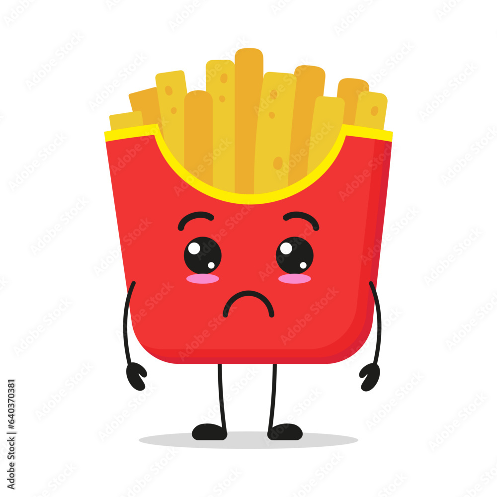 Cute sad french fries character. Funny unhappy junk food cartoon ...