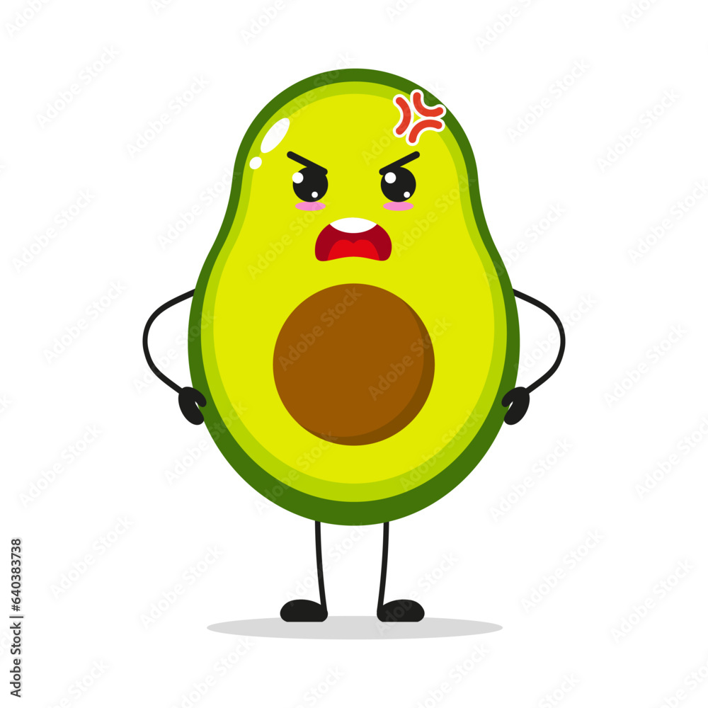 Cute angry avocado character. Funny mad fruit cartoon emoticon in flat ...