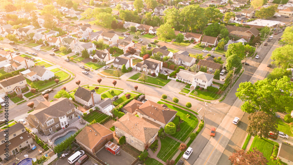 Typical American suburban neighborhood as seen from above overhead view ...