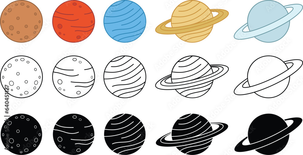 Planets with Craters and Rings Clipart Set - Outline, Silhouette ...