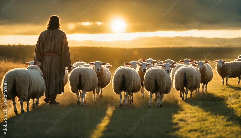Bright sunlight shines on shepherd Jesus Christ leading sheep and ...