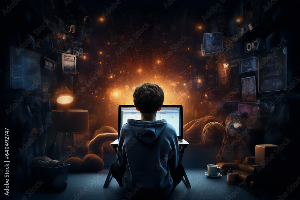 A boy operates a laptop with his back to the camera at night, thousands ...
