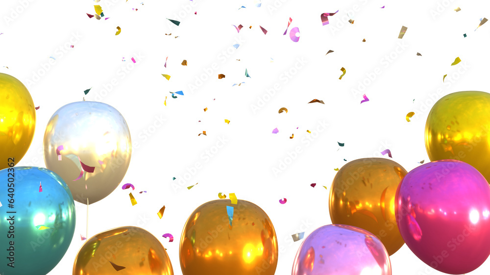 3d render of multicolored balloons and confetti falling on transparent ...