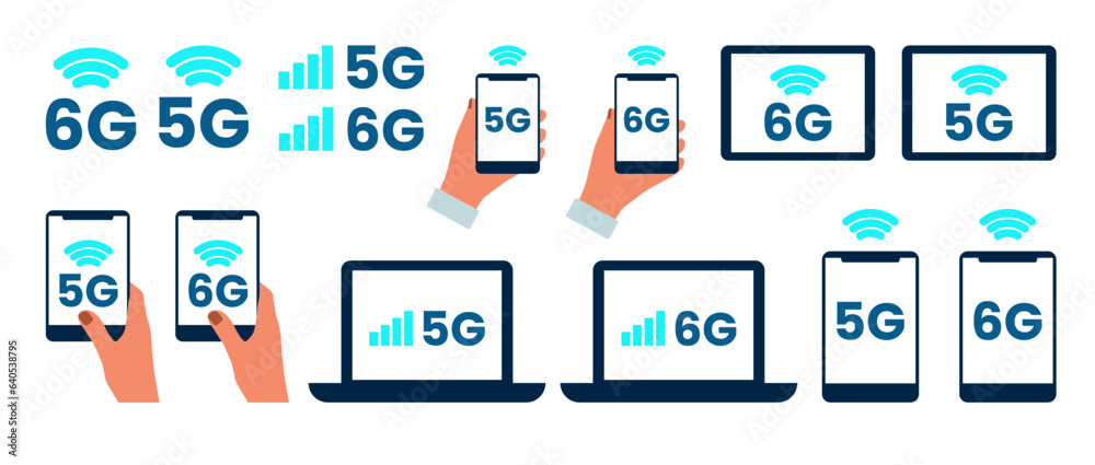 Icons 5G, 6G, phone, laptop, tablet, hand holding phone. High speed ...