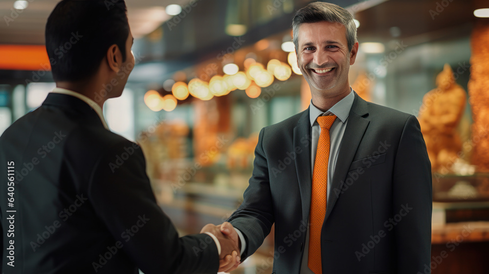 Indian businessman wearing traditional drees handshake in the office ...