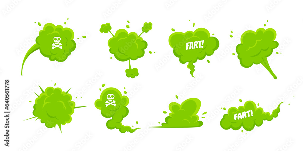 Smelling green cartoon smoke or fart clouds flat style design vector ...