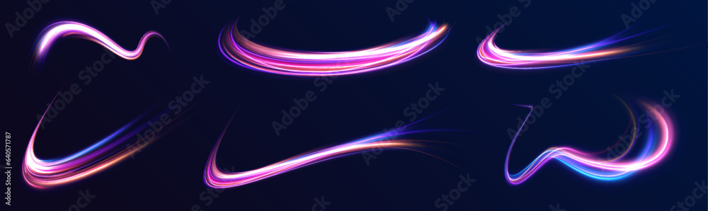 Neon swirls with light effect in the form of a spiral. Laser beams ...