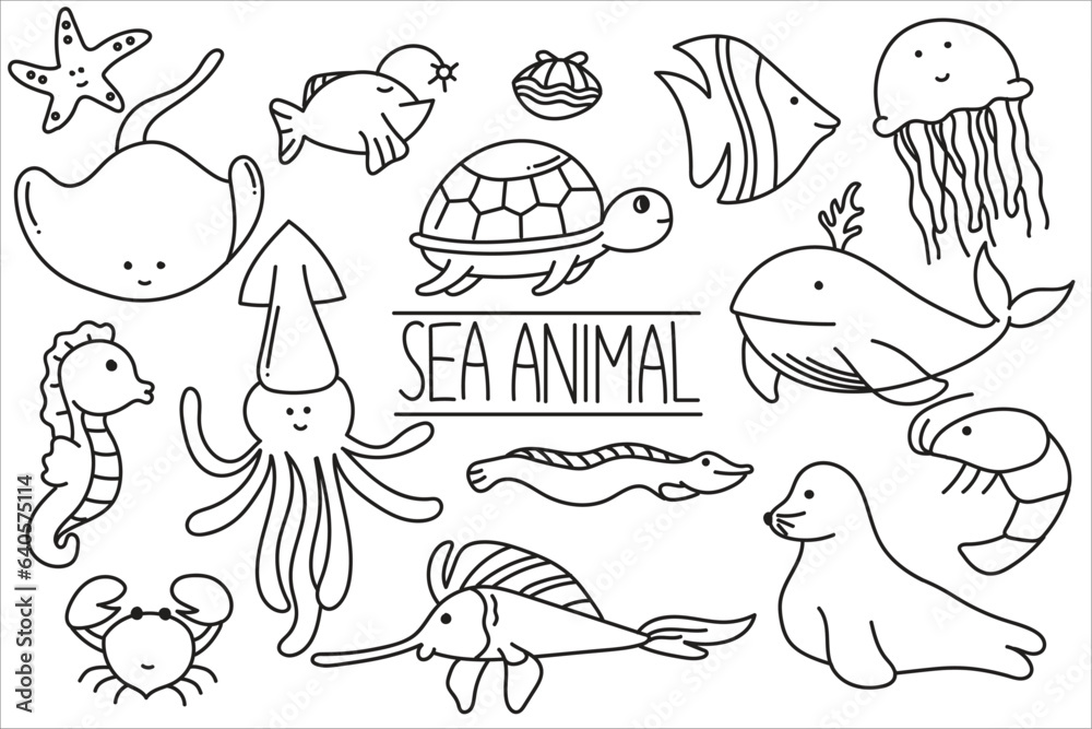 Hand drawn set of sea animal doodle icons. tropical fauna. fish ...