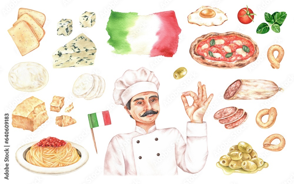 Italian food and cook set. Watercolor illustration of chef with dishes ...