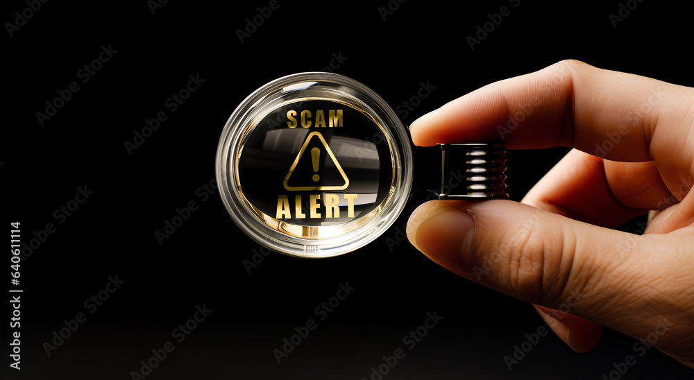 hand using a loupe with a Scammer alert and warning caution signs ...