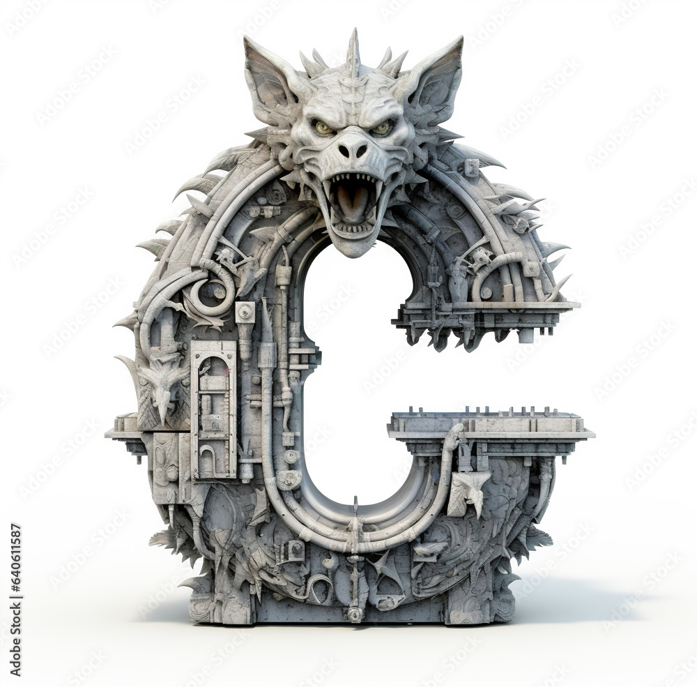 Gothic Cathedral-themed font, 3d render letter c surrounded by Gargoyle ...