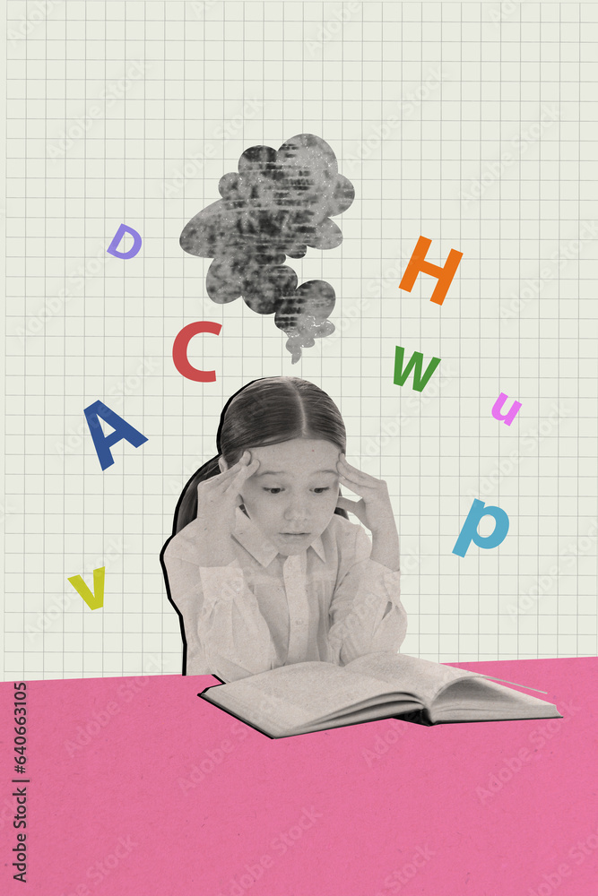 Vertical photo collage of stressed small schoolkid girl learning ...