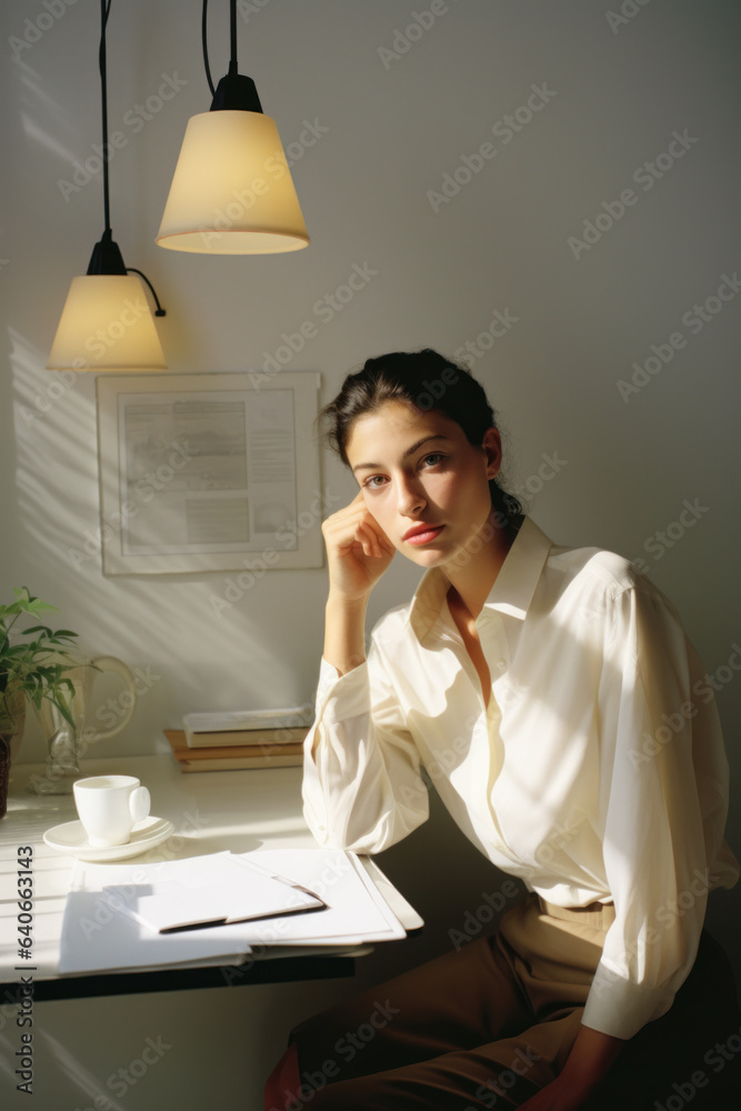 woman/model/ceo in an office remote work setting with paper and tasks ...