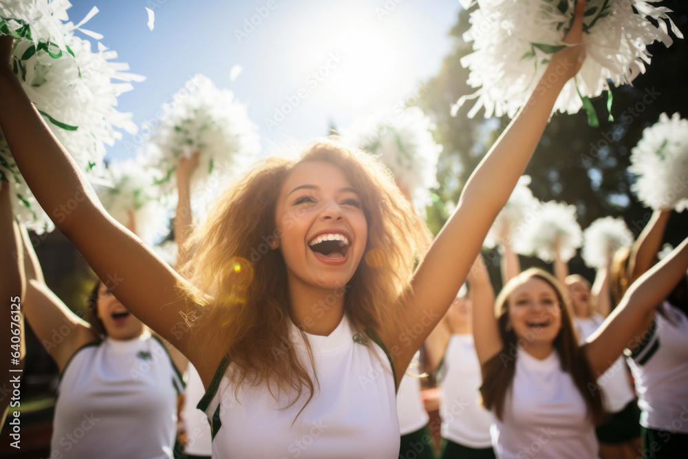 Excited cheerleaders wearing green and white clothes celebrating the ...