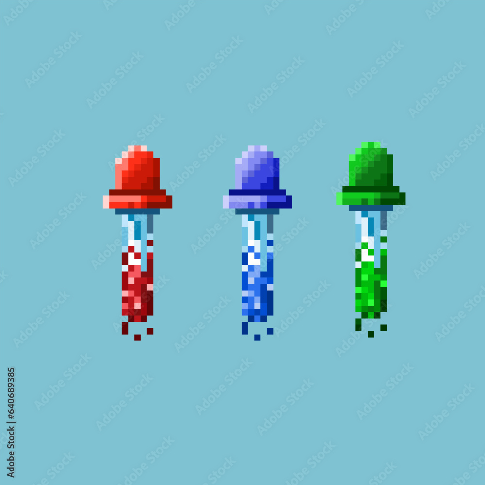 Pixel art sets of eyedropper for medicine health items. red,blue,and ...