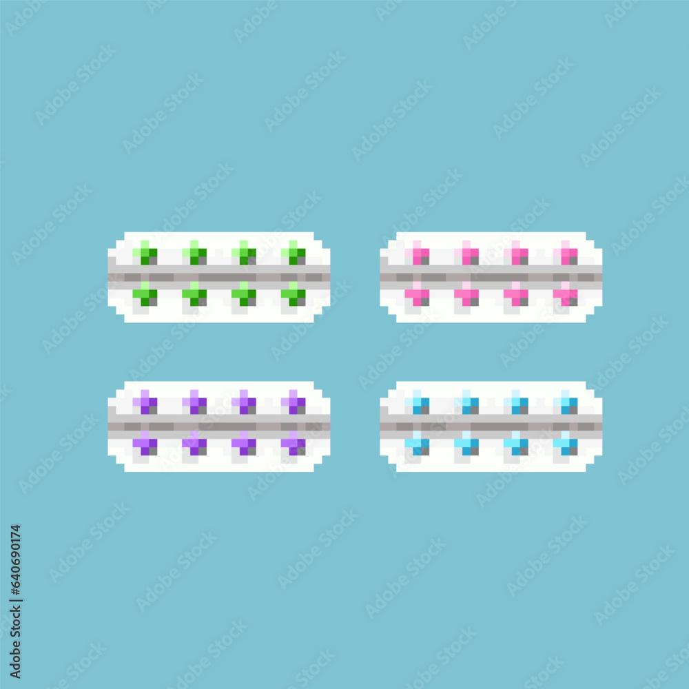 Pixel art sets of pill tablets for medicine health items.green, pink ...