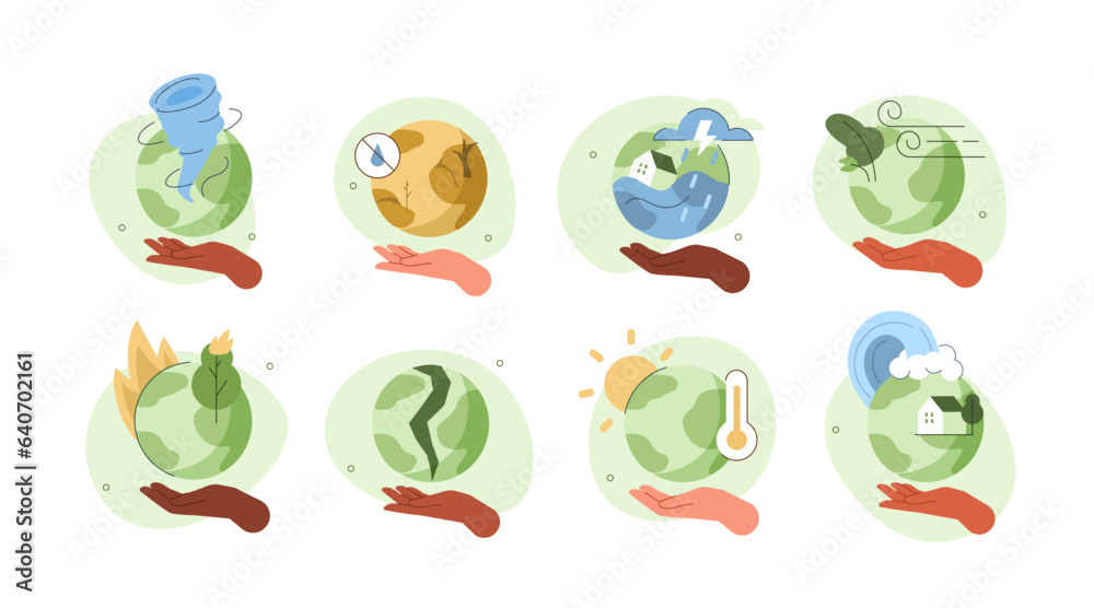 Climate change illustration set. Characters hands holding planet earth ...