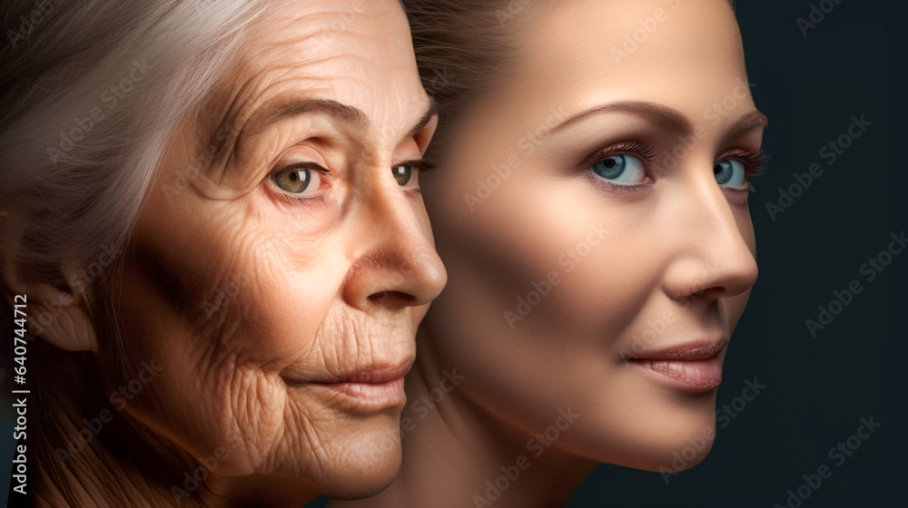 Faces of Young and Old Women. Concept Of Aging And Skin Care. AI Generated Stock Illustration ...