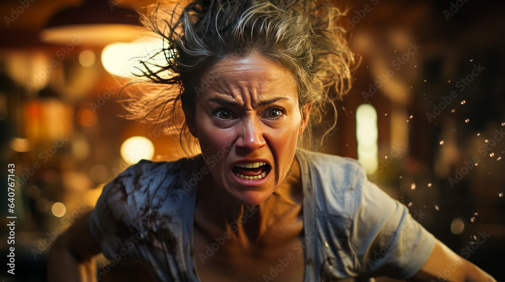 Vivid portrait of a middle-aged woman in deep frustration, fists ...