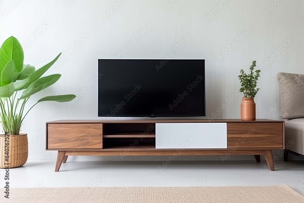 Television put on tv stand wood table, in minimal empty space ...