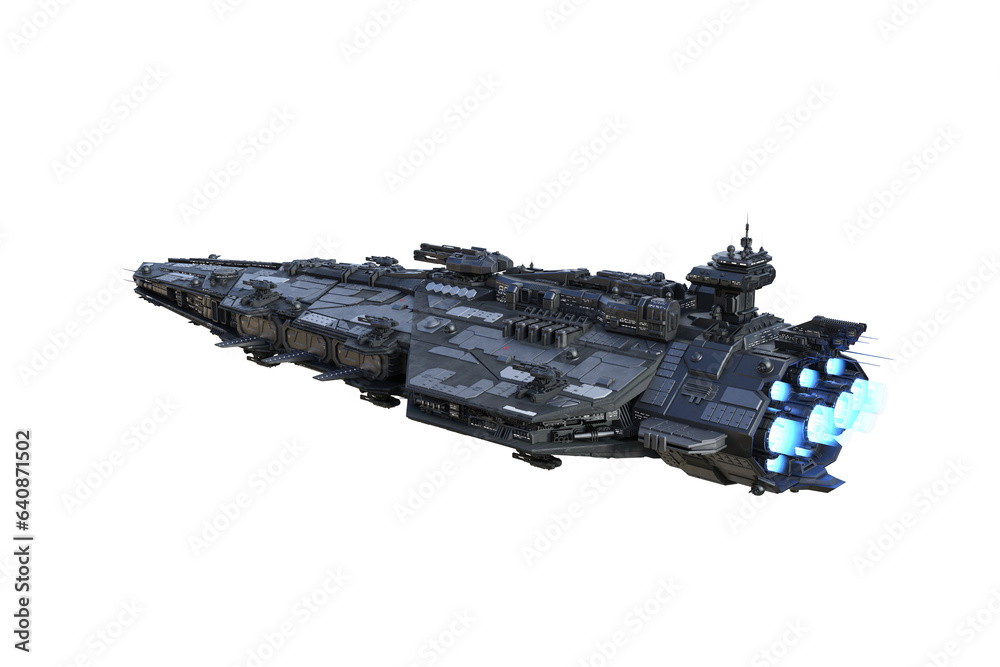Large alien space ship in flight, rear perspective view. Isolated 3D ...