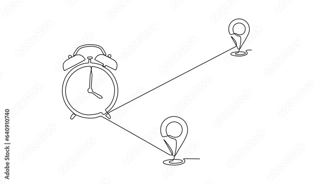 Continuous line drawing of alarm clock and location marker. Travel time ...