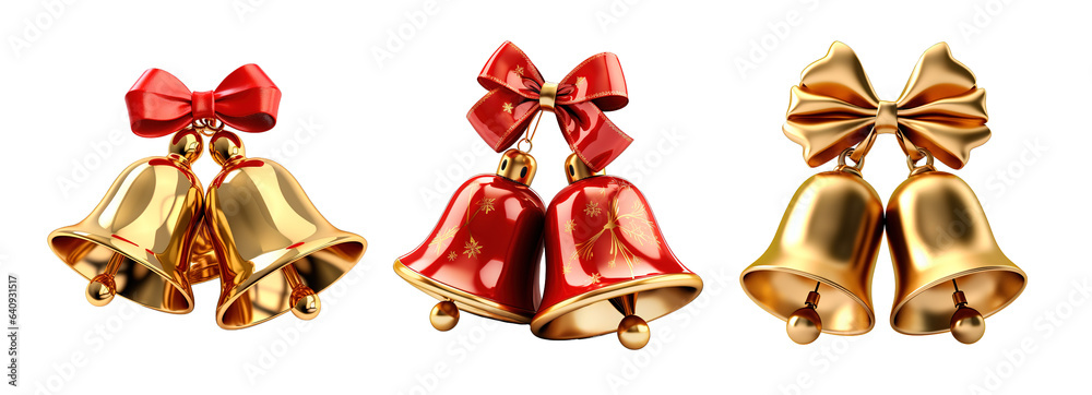 Set of gold Christmas bells over transparent and white background Stock ...