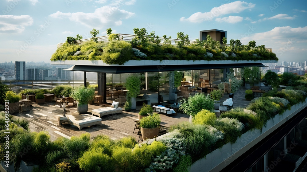 rooftop gardens visuals, urban green spaces artwork, green roof design concept, urban ...