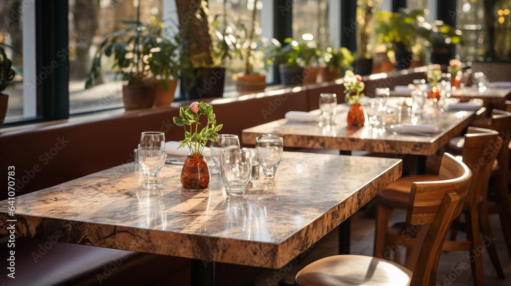 Restaurant interior background, modern decorated with green plant for a ...
