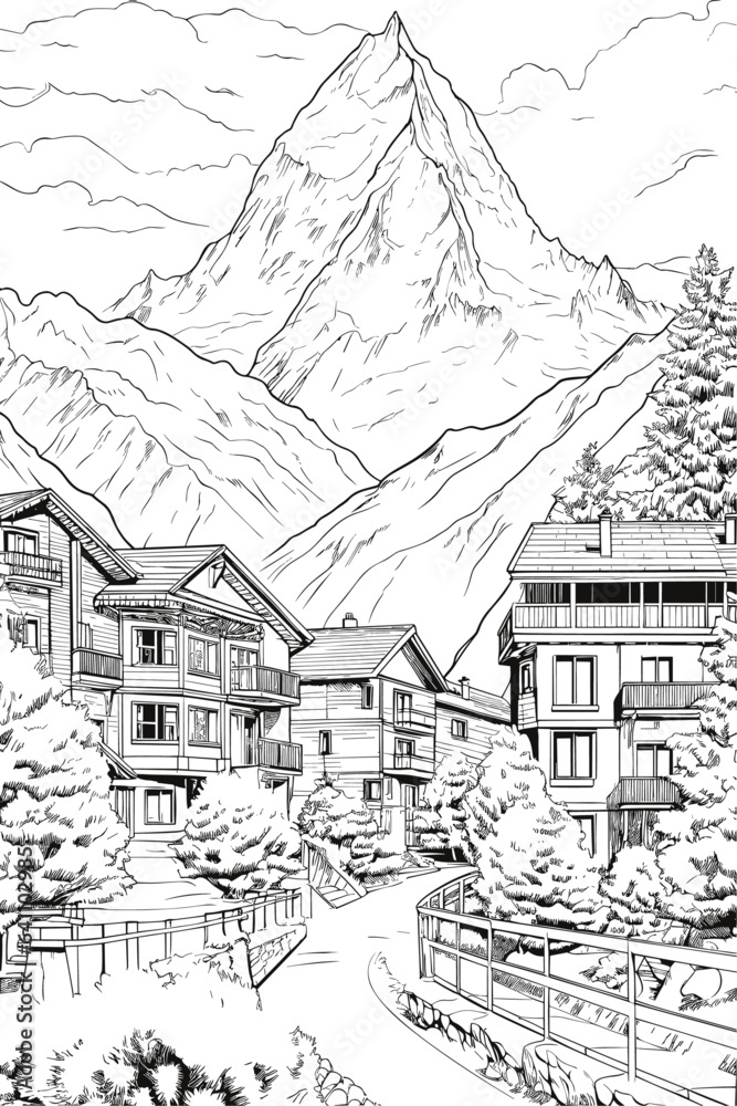 France Chamonix village cityscape black and white coloring page for ...