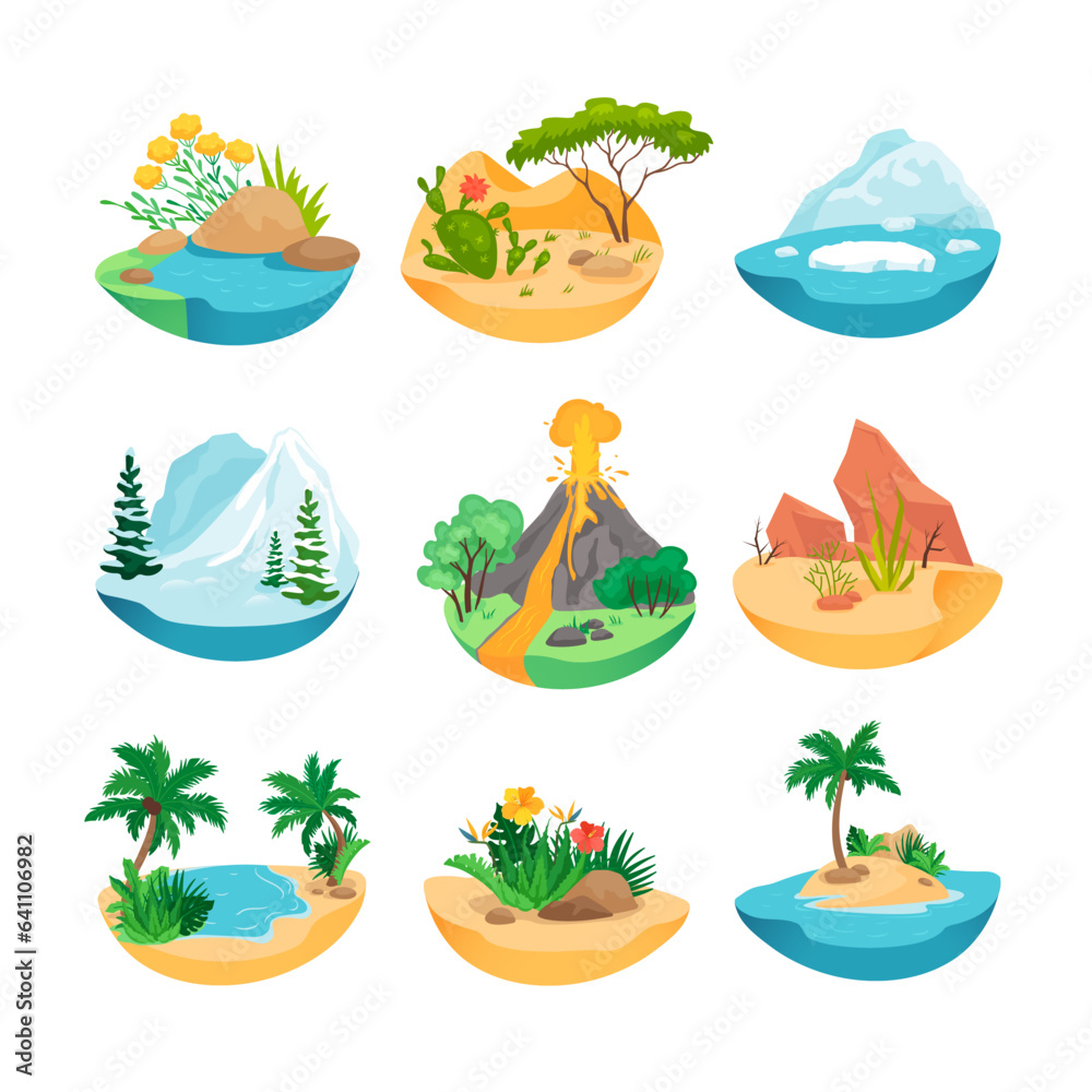 Different climate zones vector illustrations set. Desert, iceberg ...