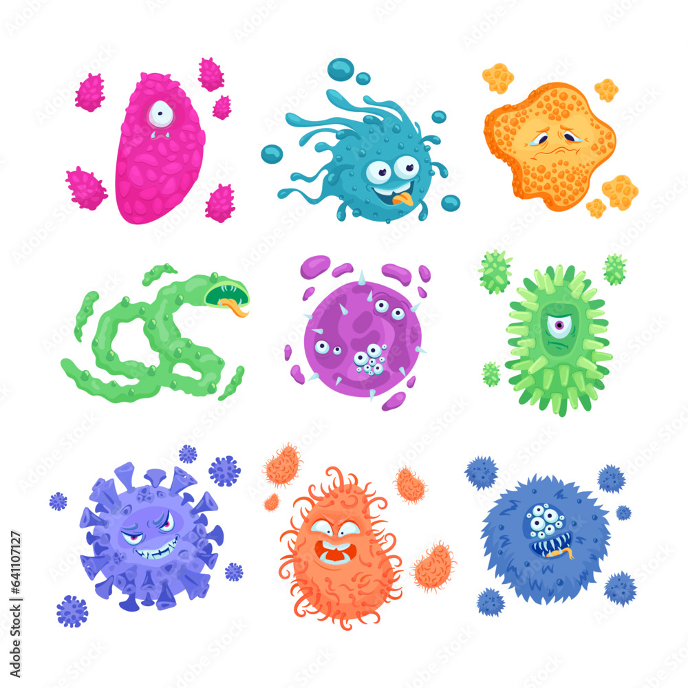 Colorful viruses and germs vector illustrations set. Cartoon drawings ...