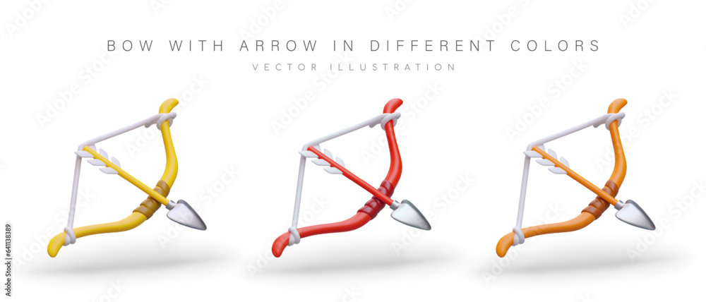 Drawn bow with arrow. Vector objects of different colors. Ancient small ...
