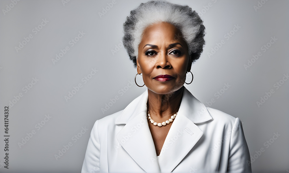 Ilustración De Stock Beautiful Black Woman 60 Years Old In White Coat Posing For Photo Beautiful