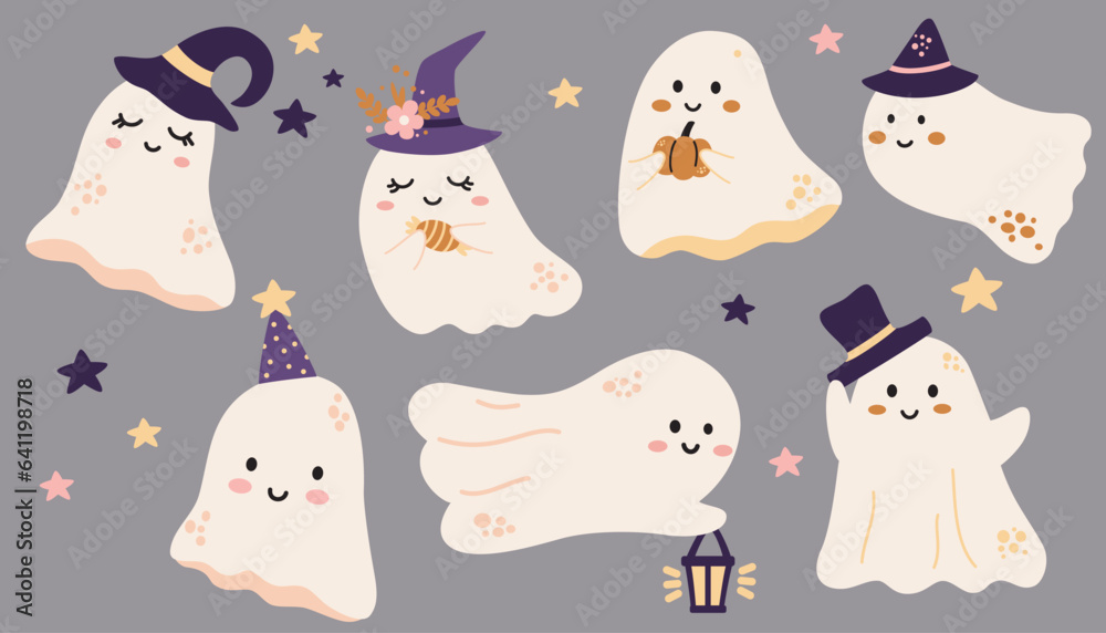 Cute funny happy ghosts. Happy Halloween. Set of magic scary spirits ...