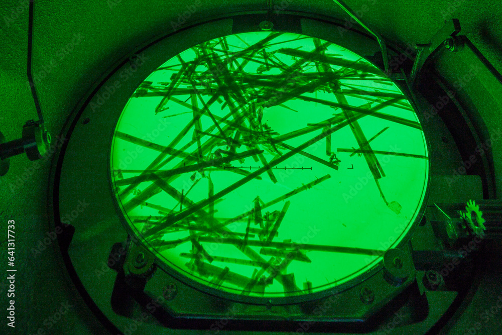 Actinolite fibers (asbestos variety) seen on the fluorescent screen of ...